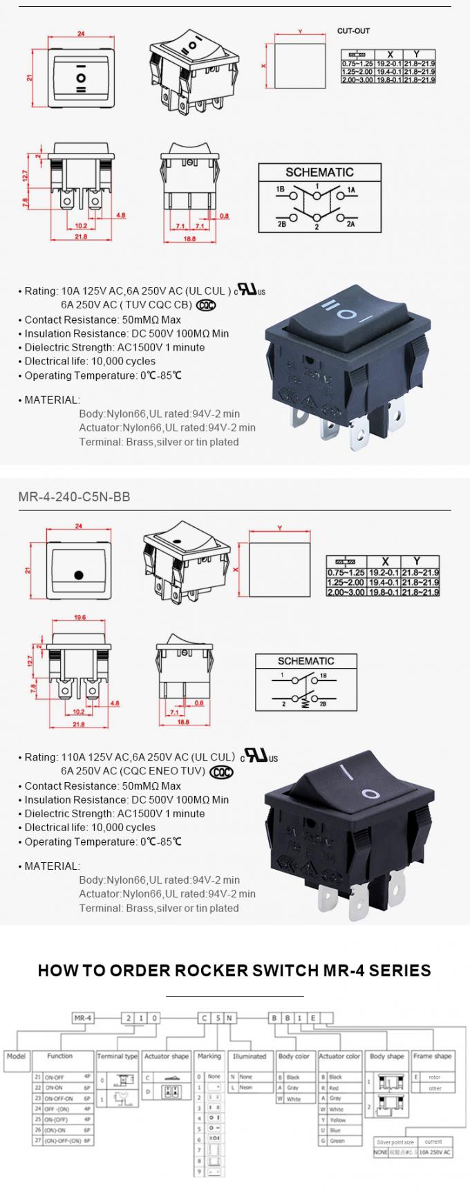 6A 250VAC 10A 125VAC Square Rocker Switch 4 PIN With Solder Terminal