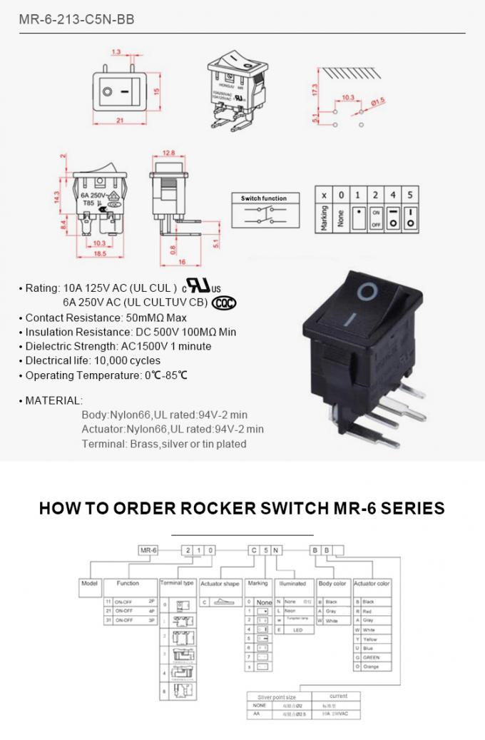 Illuminated DPST Rocker Switches 6A 250VAC 10A 125VAC 4 Terminals
